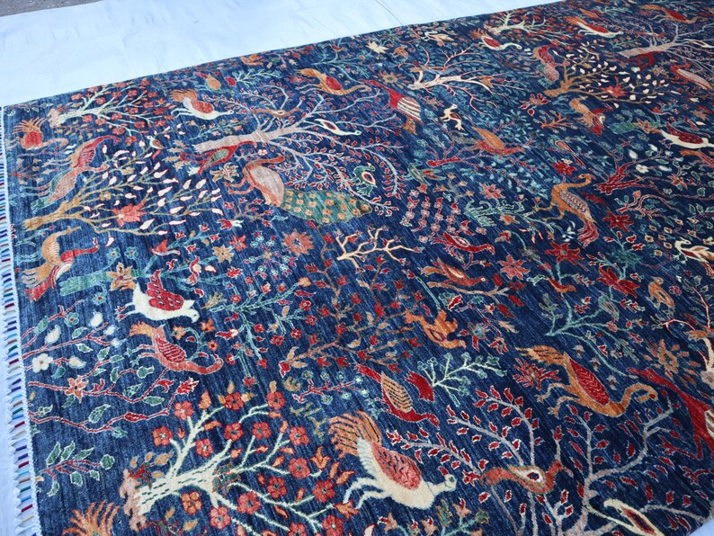7x12 Navy Blue Tree of Life Rug, Fine Handmade Pictorial Rug, Turkmen ...