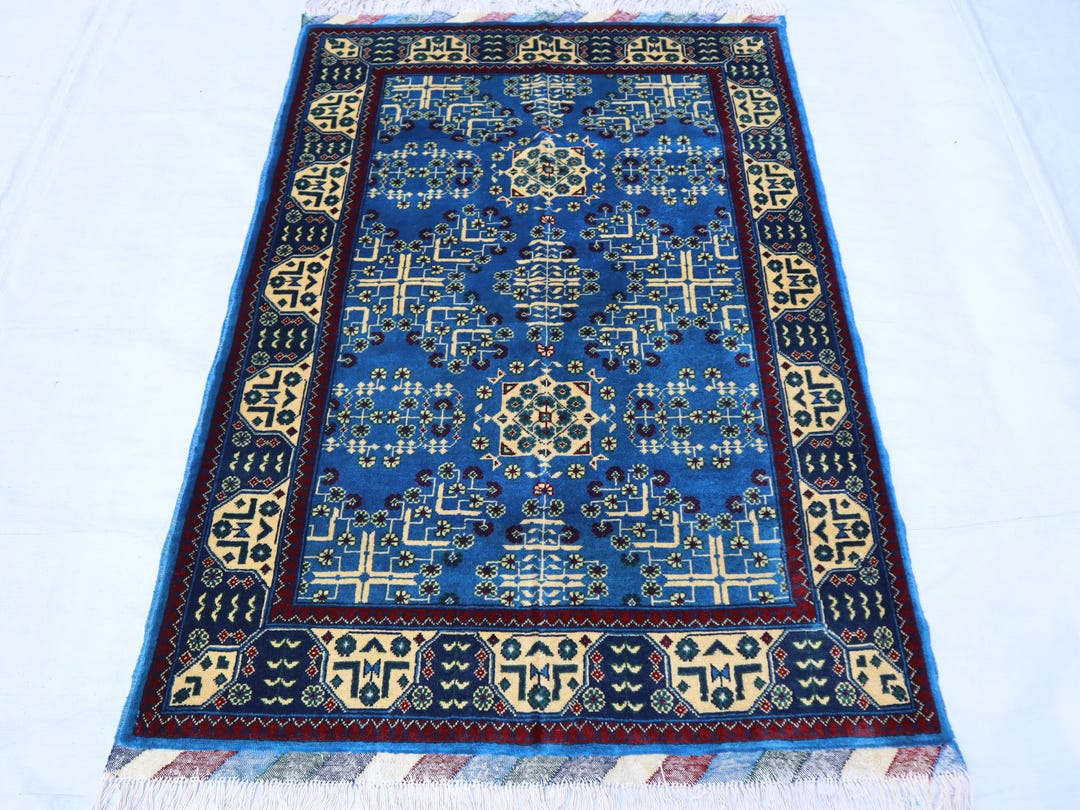3x5 Bukhara Blue Rug, Afghan Handmade Carpet, Woven Rug, Soft Wool Rug ...