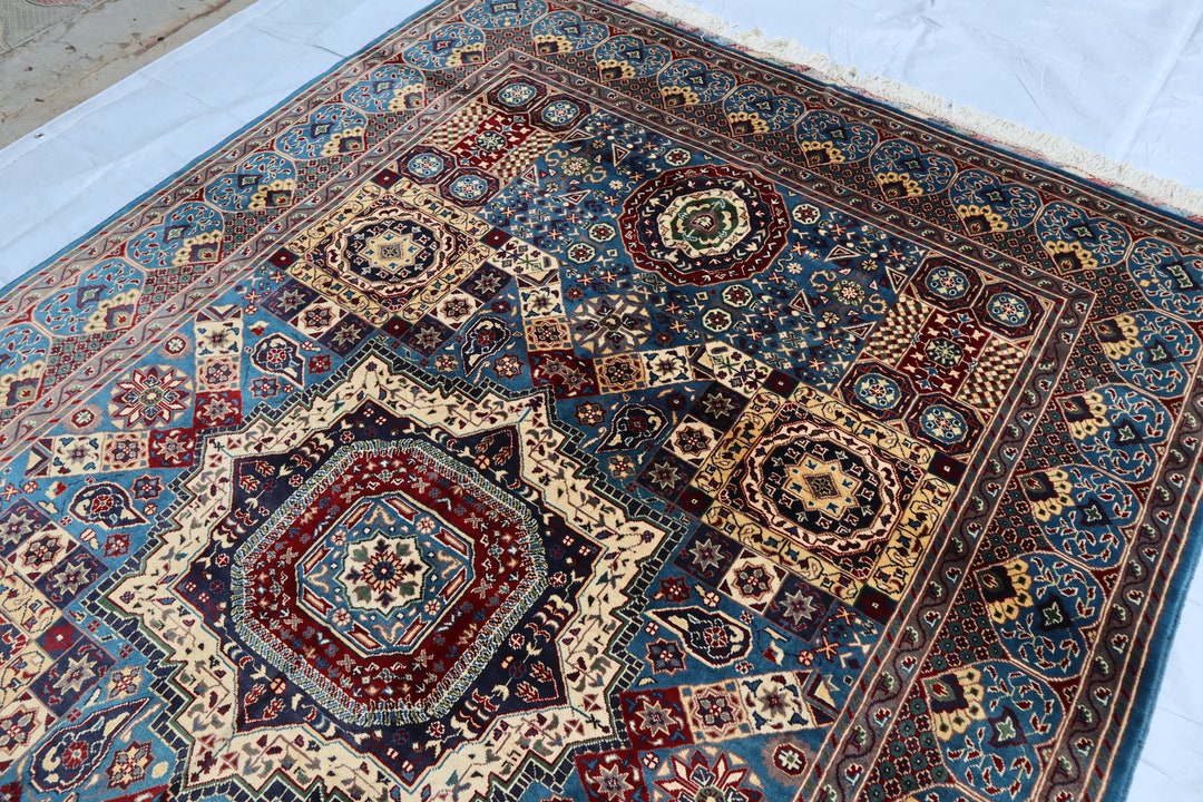 6x10 Afghan Mamluk Area Rug, Large Handmade Floral Star Medallion Blue ...