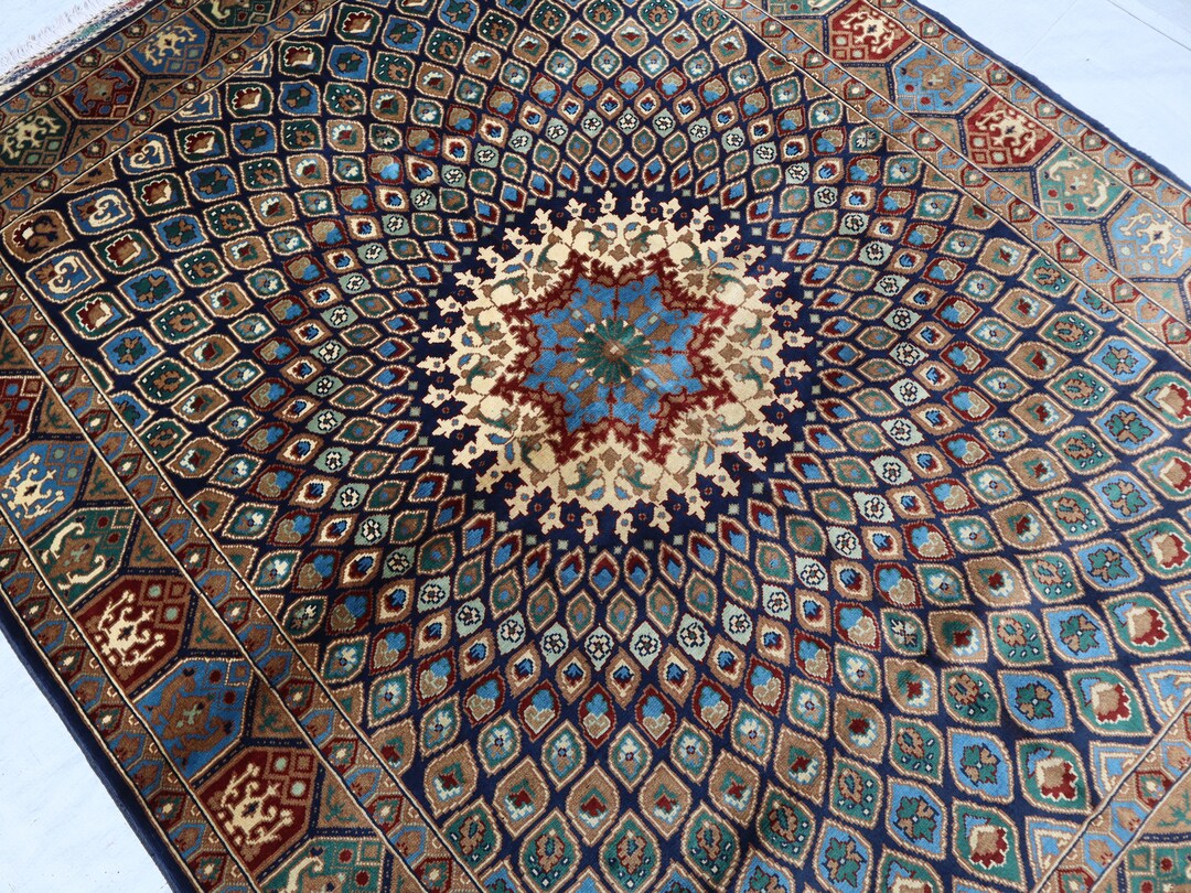 5x6 Round Medallion Area Rug, Turkish Turquoise Blue Brown Gold Brown ...