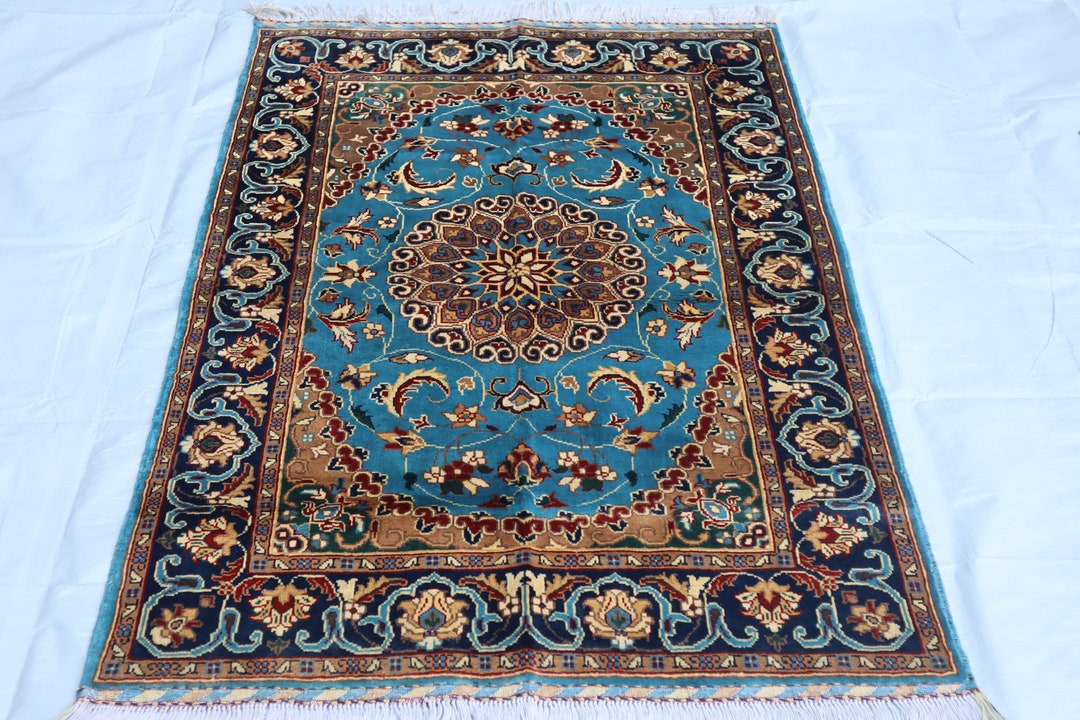 3x5 Turquoise Blue Mamluk Area Rug, Medallion Turkish Hand Knotted Veg ...