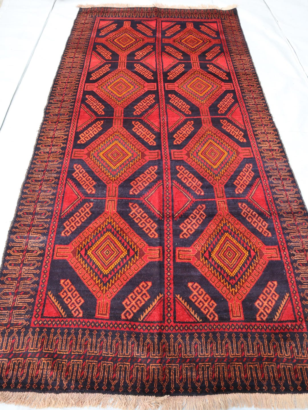 4x9 Antique Geometric Rug, 4'7x9'6 Ft Vintage Afghan Hand Knotted Wool ...
