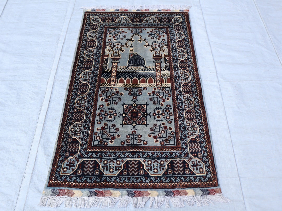2x4 Ft Handmade Afghan Prayer Rug, Bokhara Turkmen Tribal Gray Blue ...