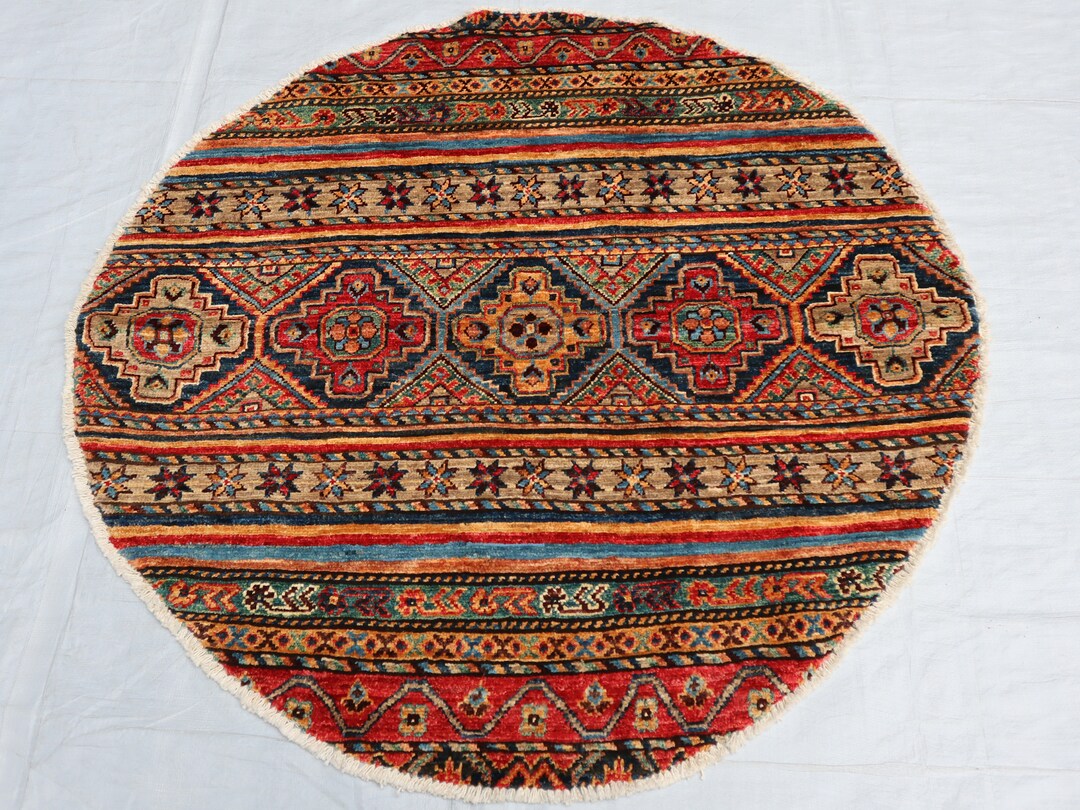3x3 Round Rug, Tribal Circle Rug, Red Blue Multicolor Rug, Afghan ...