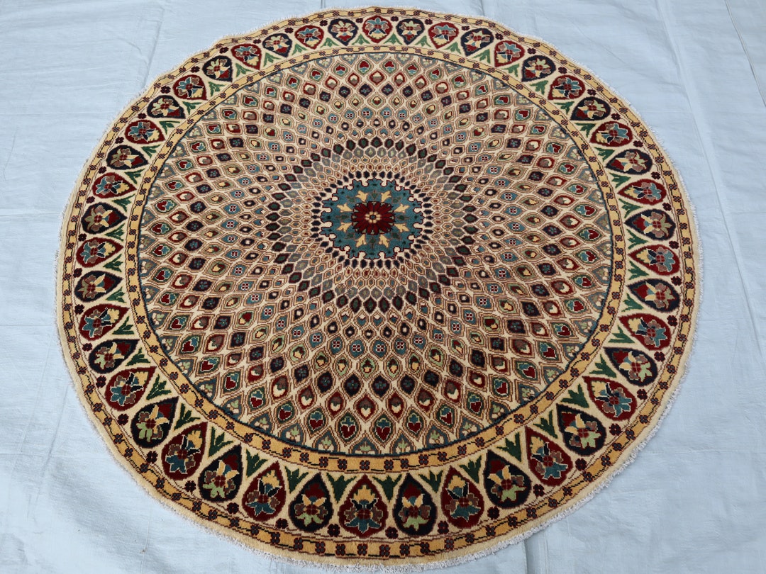 4x4 Round Rug, Handmade Afghan Floral Blue Turkish Circle Rug, Oriental ...