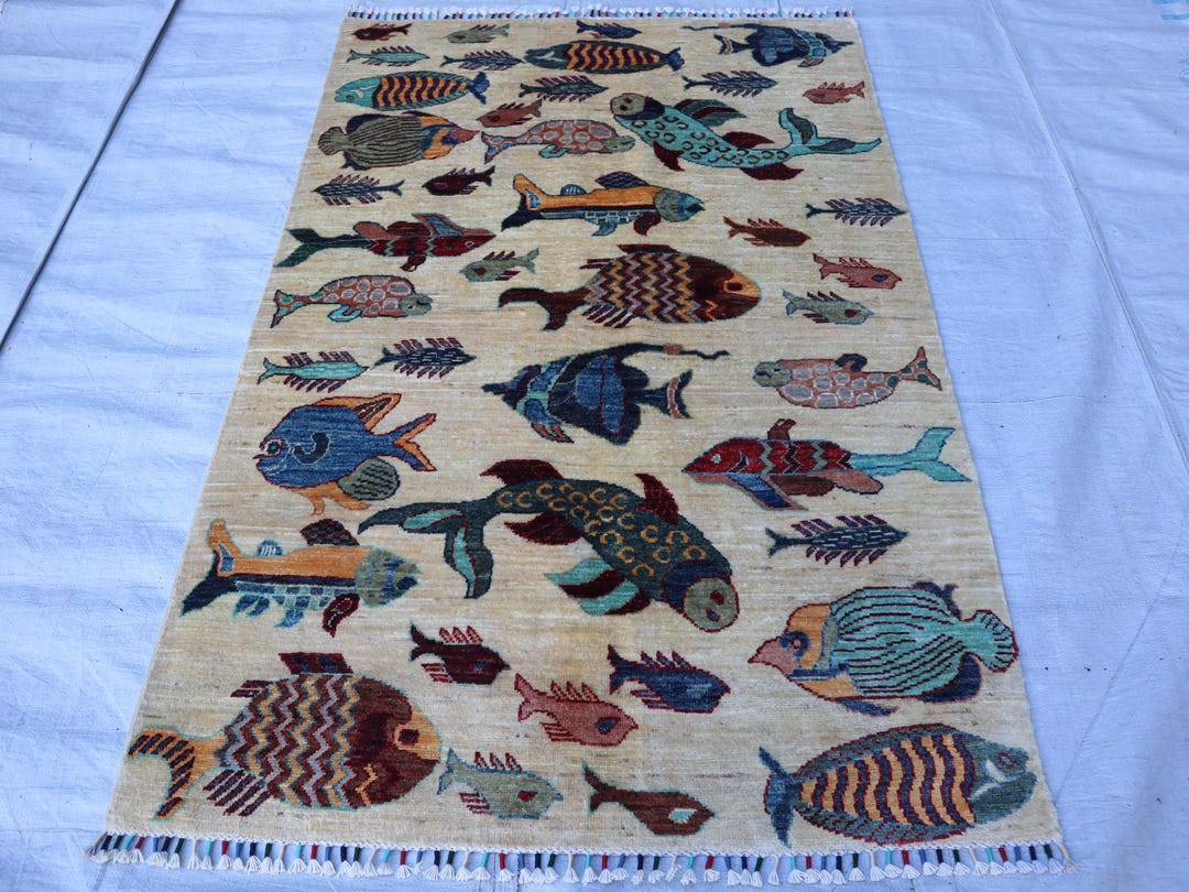 4x6 Fish Beige Rug, Afghan Hand Knotted Home & Livingroom, Bedroom Rugs ...