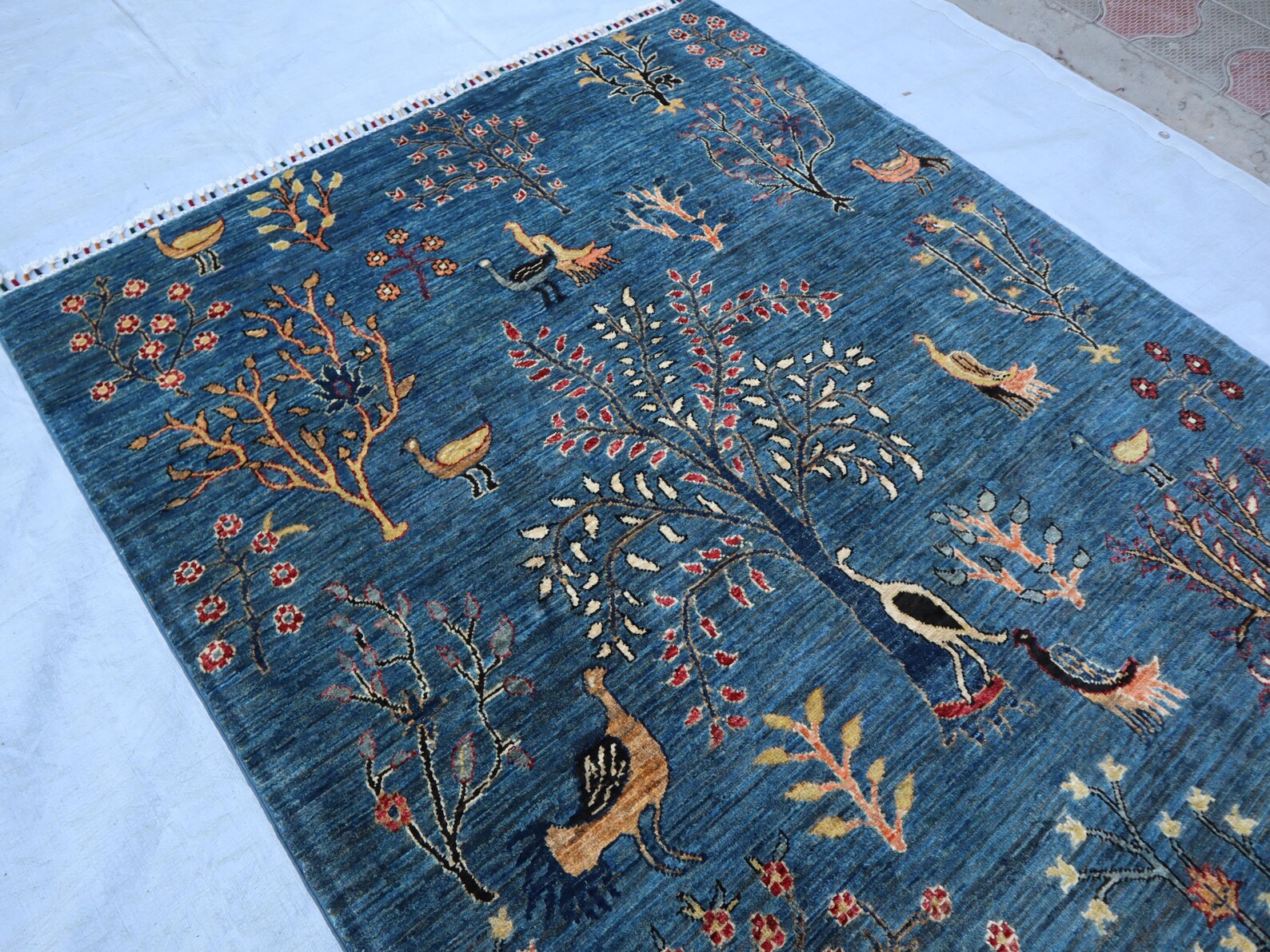 5x6 High-quality Afghan Pictorial Rug, Navy Blue Tree of Life Bird ...