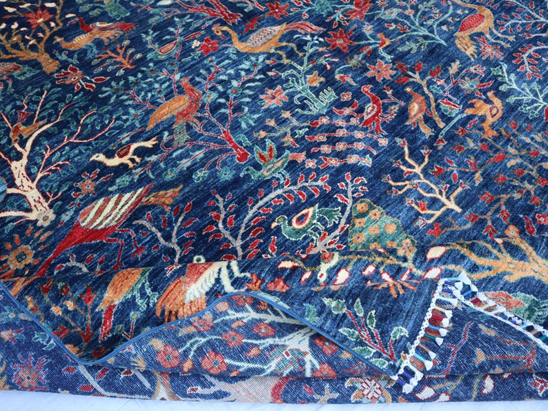 7x12 Navy Blue Tree of Life Rug, Fine Handmade Pictorial Rug, Turkmen ...
