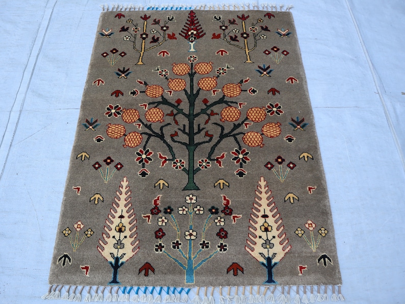 3x4 Gray Tree of Life Rug, Gabbeh Rug, Handmade Wool Rug, Small Afghan ...