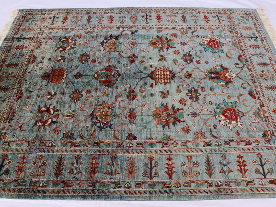 Afghan Rug Blue, 5x7 Handwoven Rugs, Flower Decorative Multicolor, Cute ...