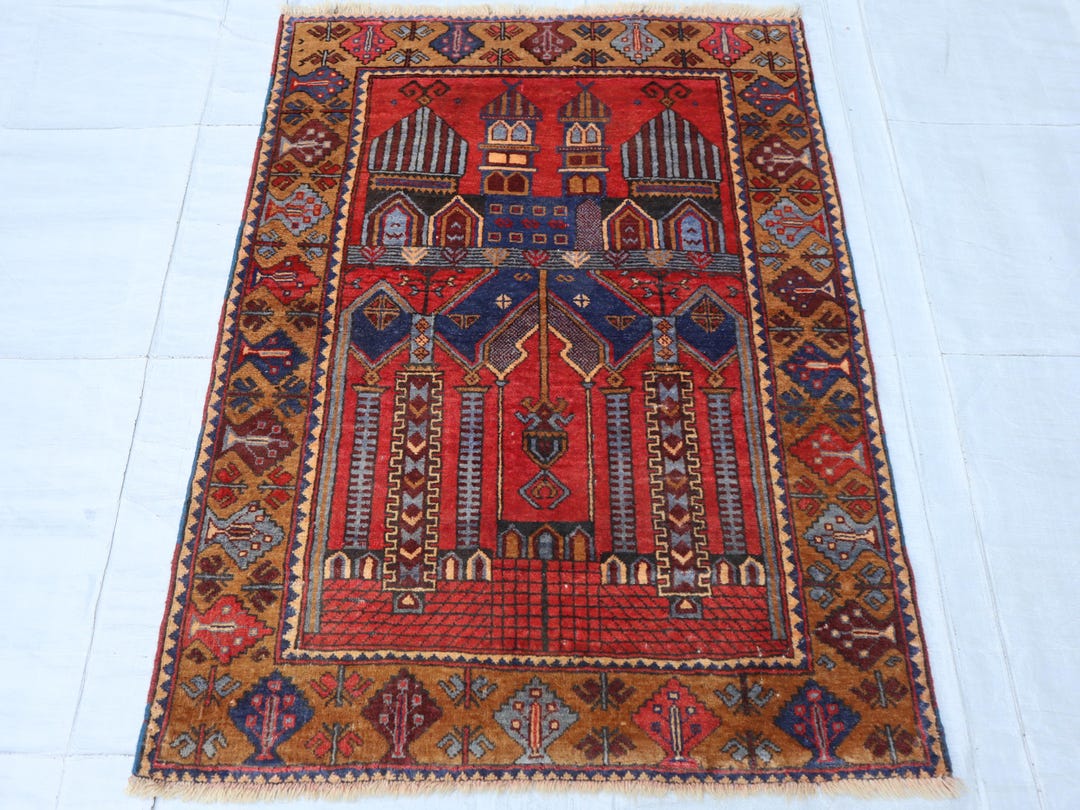 Afghan Red Blue Prayer Rug 3x4 Ft- Soft Wool Pile Prayer Mat-turkman ...