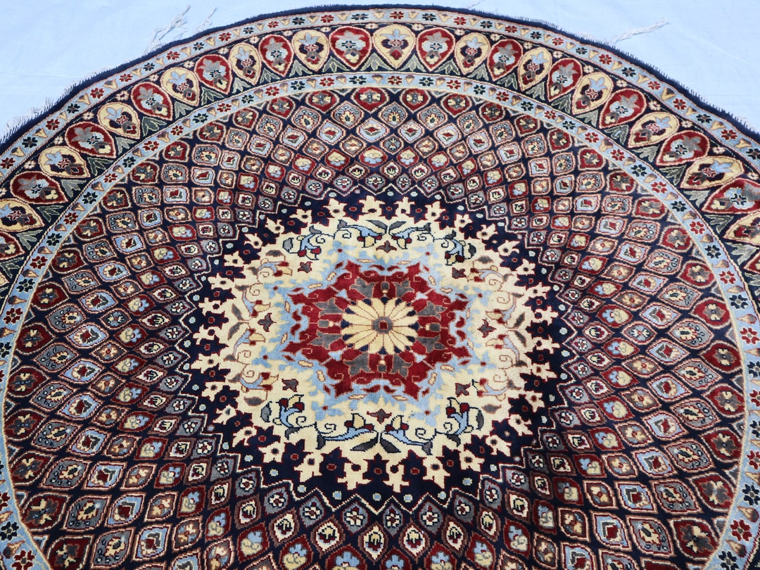 6x6 Round Rug, Handmade Afghan Blue Floral Persian Circle Rug, Oriental ...