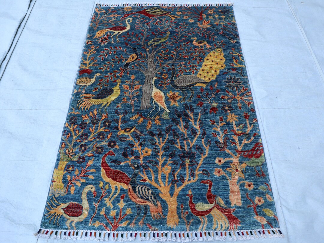 3x5 Blue Afghan Pictorial Rug, Artstic Hand Knotted Gabbeh Tree of Life ...