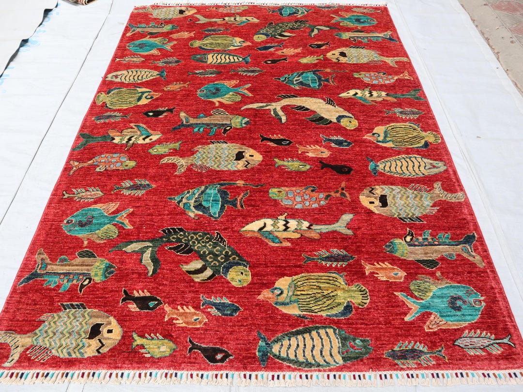 Red Fish Gabbeh Rug – 6x8 Afghan Hand-knotted Wool Area Rug - Etsy
