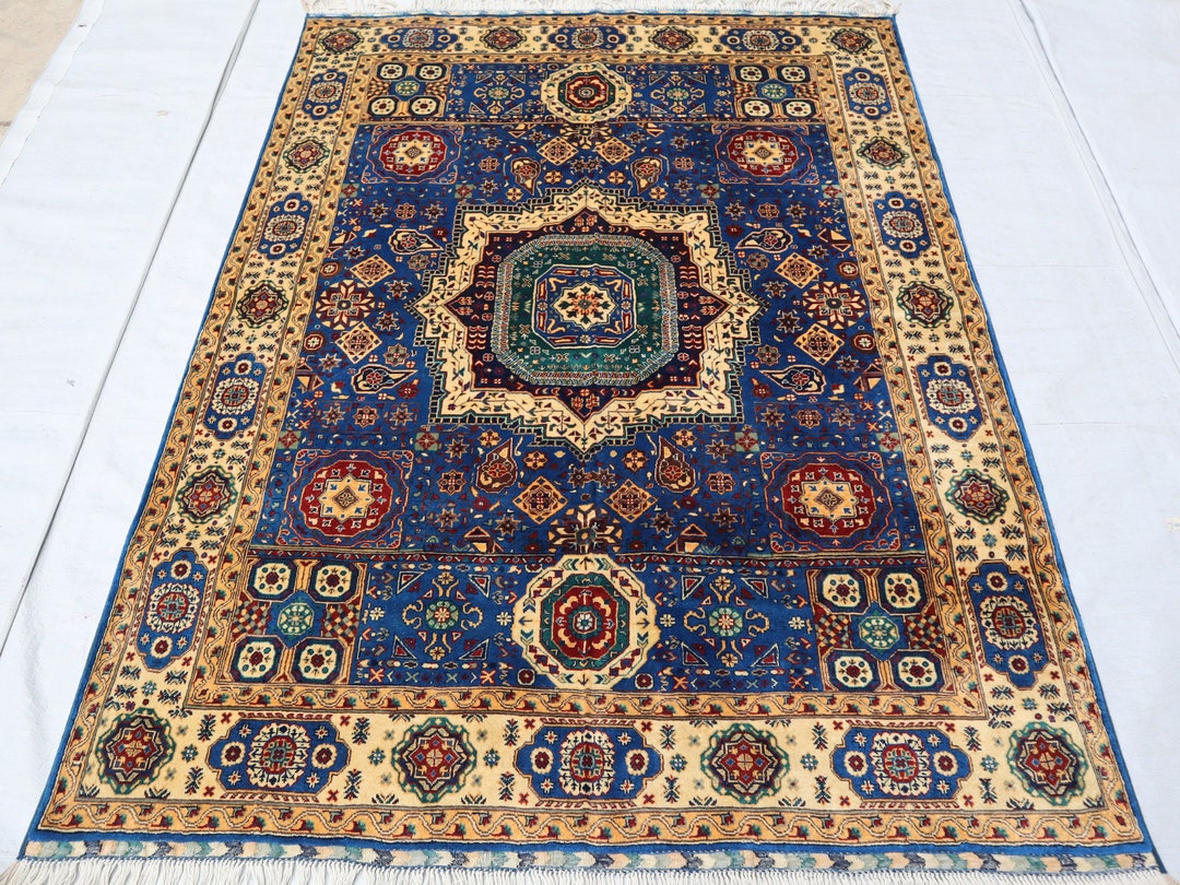 5x6 Blue Beige Mamluk Area Rug, Colorful Turkish Fine Quality Hand ...