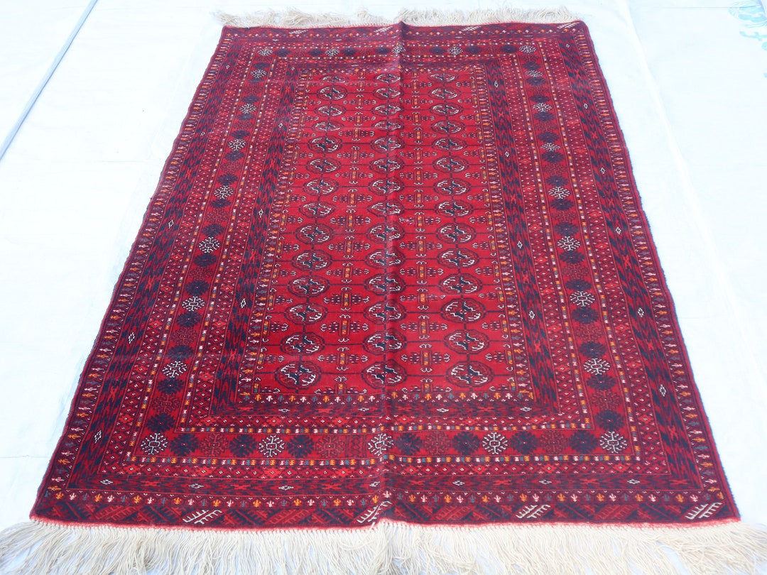 4x6 Ft Red Vintage Turkmen Rug, Tribal Bukhara Rug, Afghan Hand Knotted ...