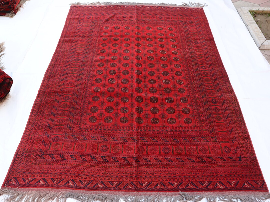 Vintage Afghan Red Rug, 6x9 Handmade Antique Tribal Wool Rug, Oriental ...
