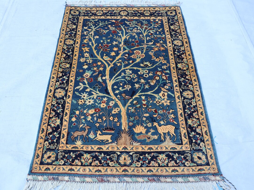 3x5 Turquoise Tree of Life Rug, Handmade Afghan Blue Forest, Small ...