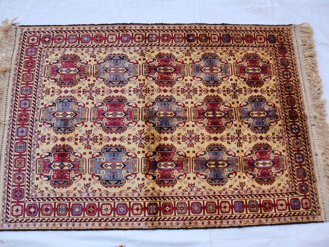3x4 Afghan Baluch Design Silk Rug, Exquisite Colorful Geometric, Cream ...