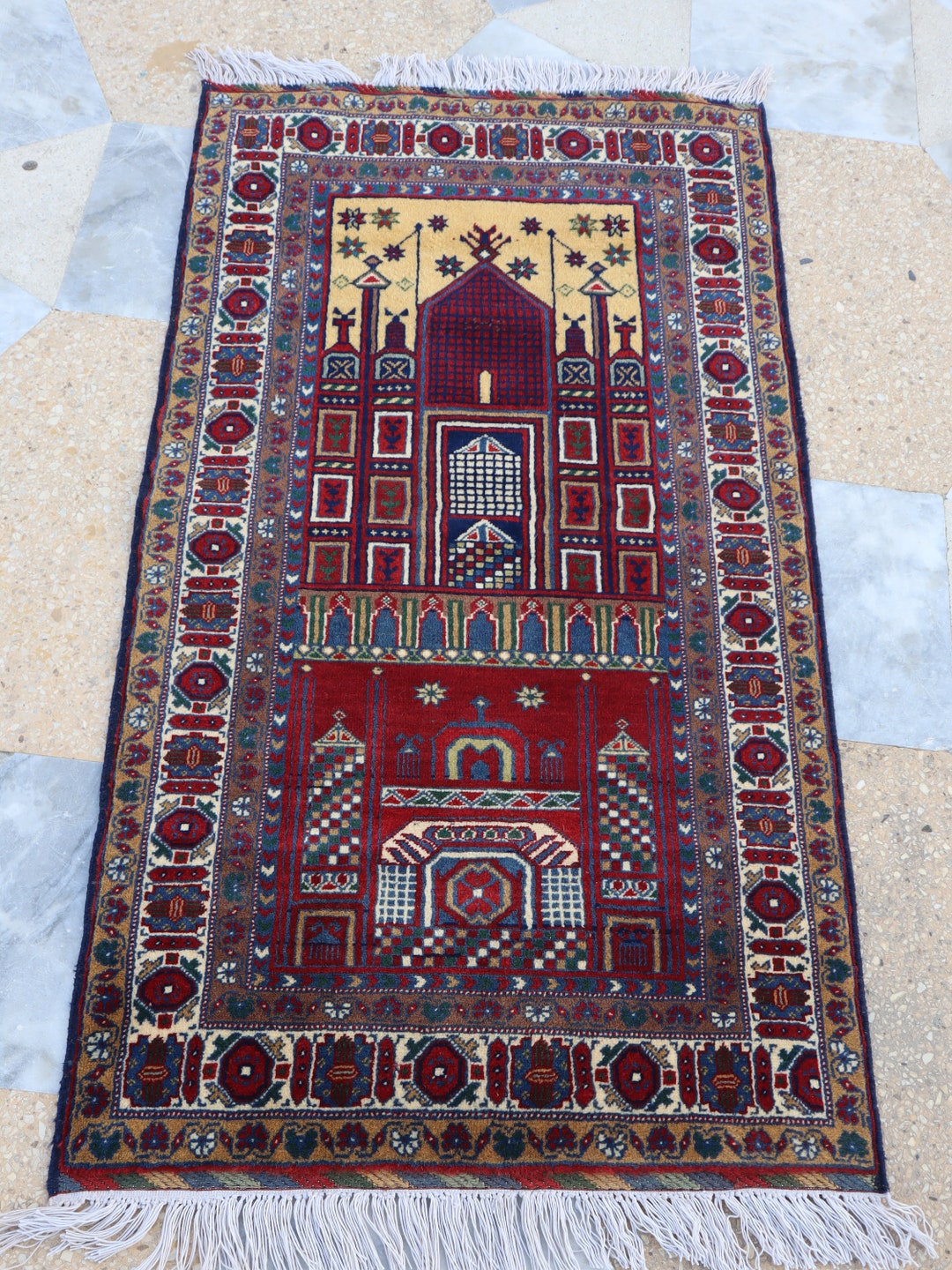 2x4 Afghan Prayer Rug, Handmade Turkmen Tribal Unique Wool Prayer Mat ...