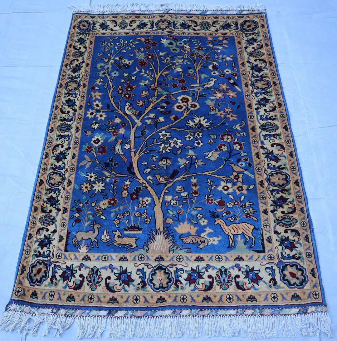 3x5 Ft Tree of Life Area Rug Light Blue Afghan Fine Hand Knotted Veg ...