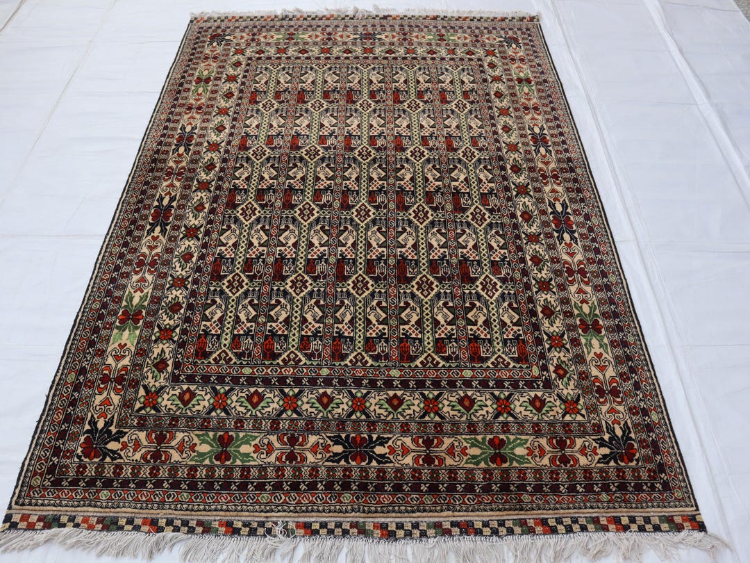 5x7 Turkmen Beige Gray Rug, Pictorial Afghan Tribal Bird Woven Rug for ...