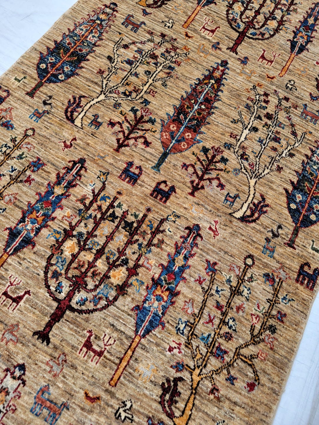 3x8 Afghan Pictorial Rug Runner, Hand Knotted Beige Gray Animal Tree ...