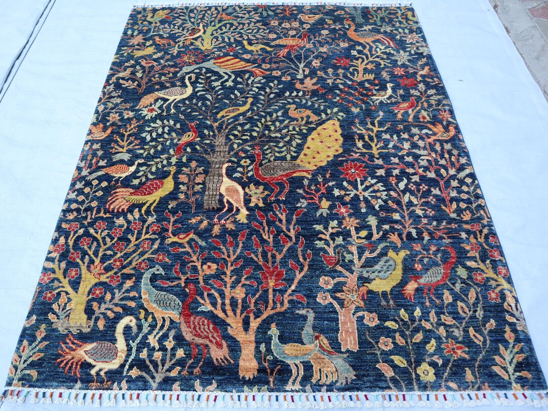 5x6 Nature Inspired Blue Tree of Life Rug, Pictorial Peacock Bird Lover ...