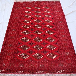 Turkmen Tekke Rug 4x6 Ft, Afghan Handmade Wool Silk Rug, Red Vintage ...