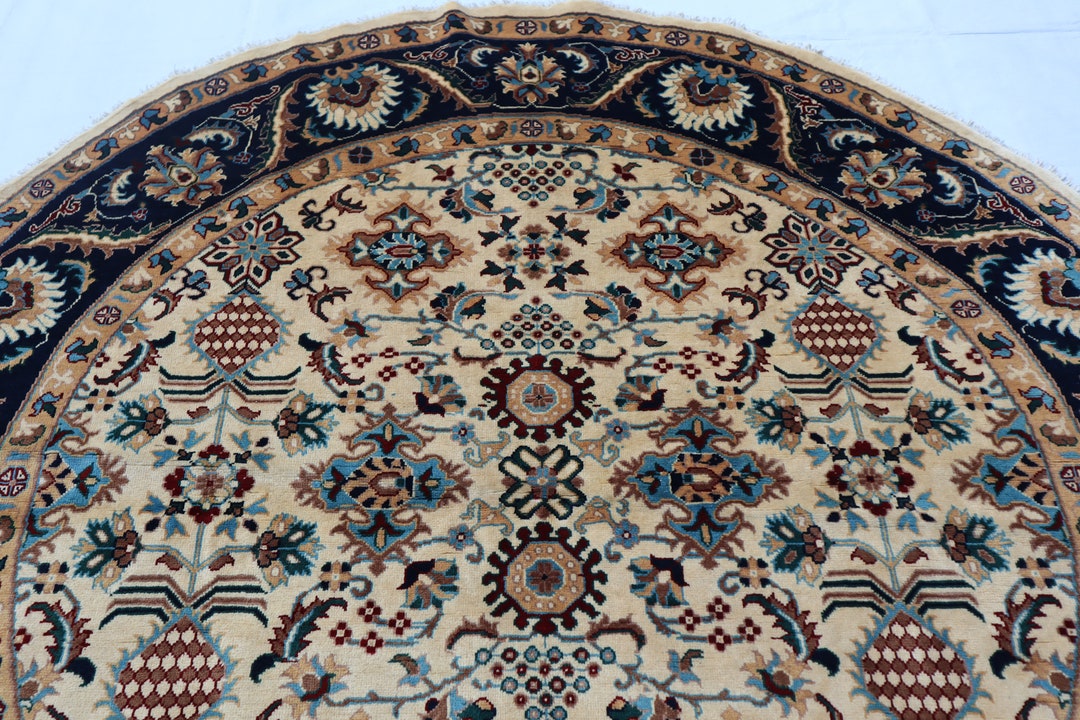 6x6 Round Rug, Afghan Hand Knotted Circle Rug, Beige Floral Turkish ...
