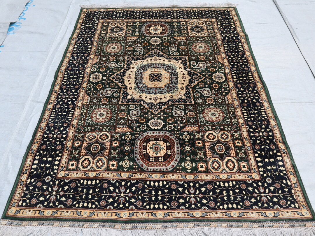 4x6 One-of-kind Black Green Mamluk Area Rug, Turkish Handmade Geometric ...