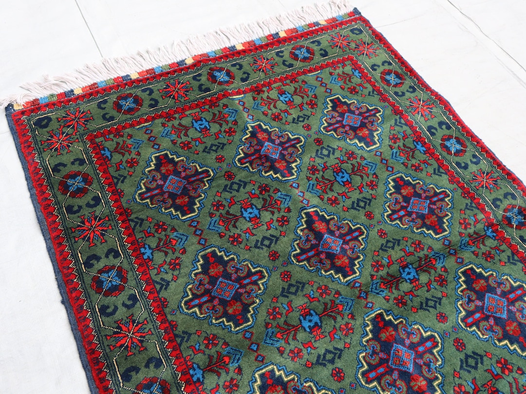 3x5 Green Bokhara Rug, Turkmen Afghan Handmade, Flower Medallion, Small ...