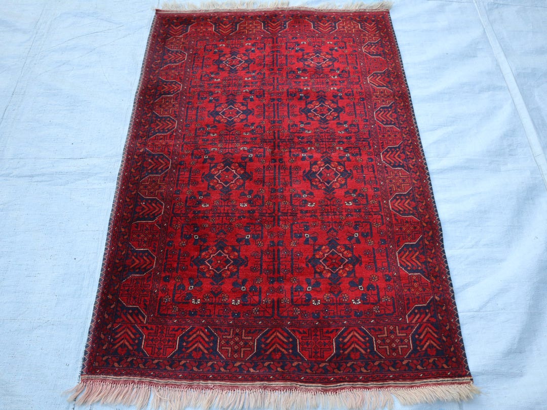 3x5 Afghan Bukhara Rug, Small Red Turkmen Antique Tribal Rugs, Soft ...