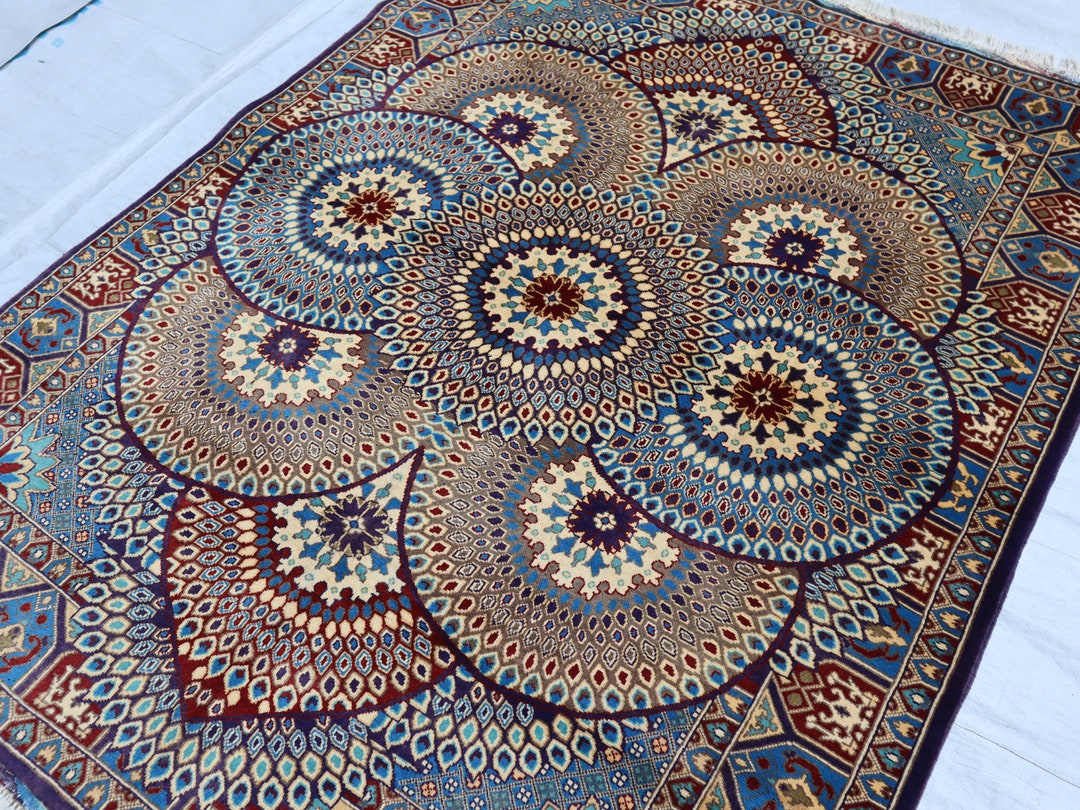 5x6 Handmade Afghan Rug, Bokhara Round Medallion Blue Red, Turkmen Area ...
