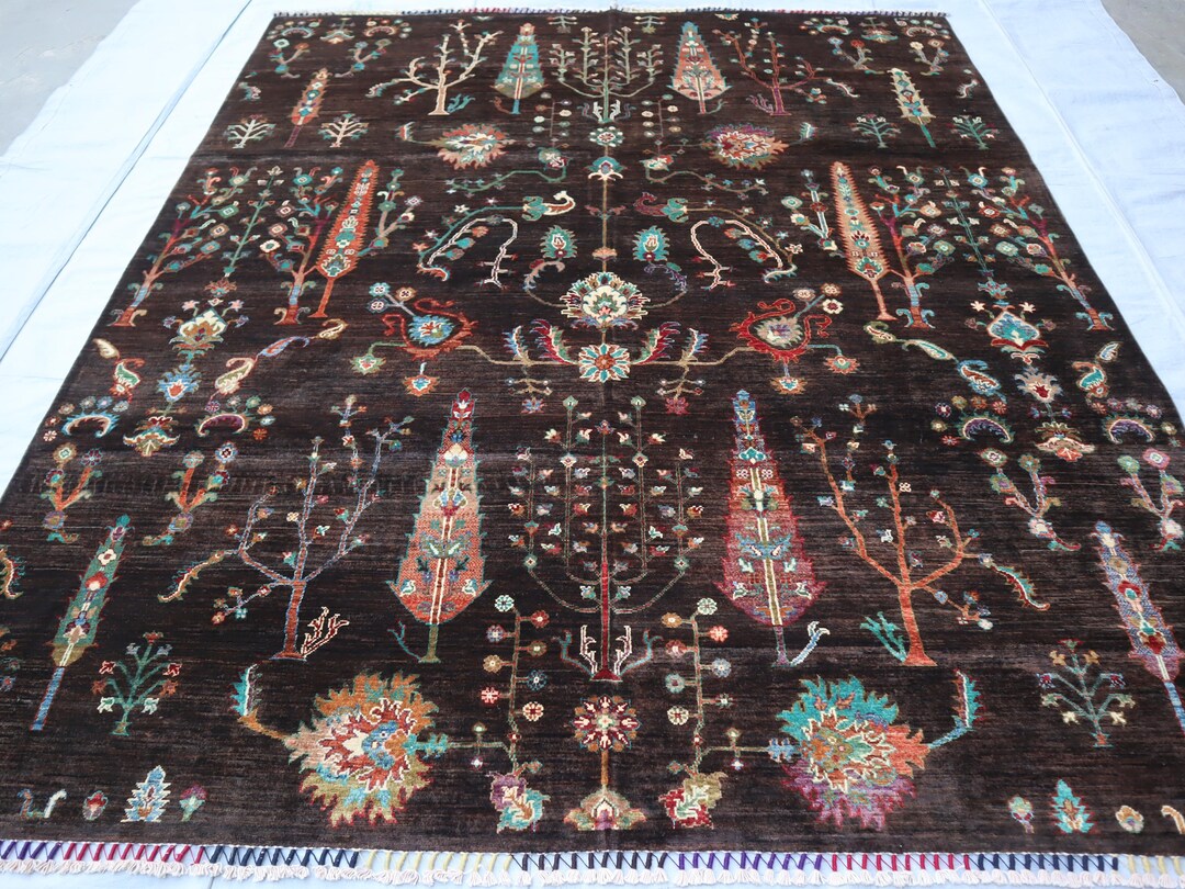 8x10 Natural Dyes Tree Rug, Black Afghan Gabbeh Vege Dyes Wool Rug ...
