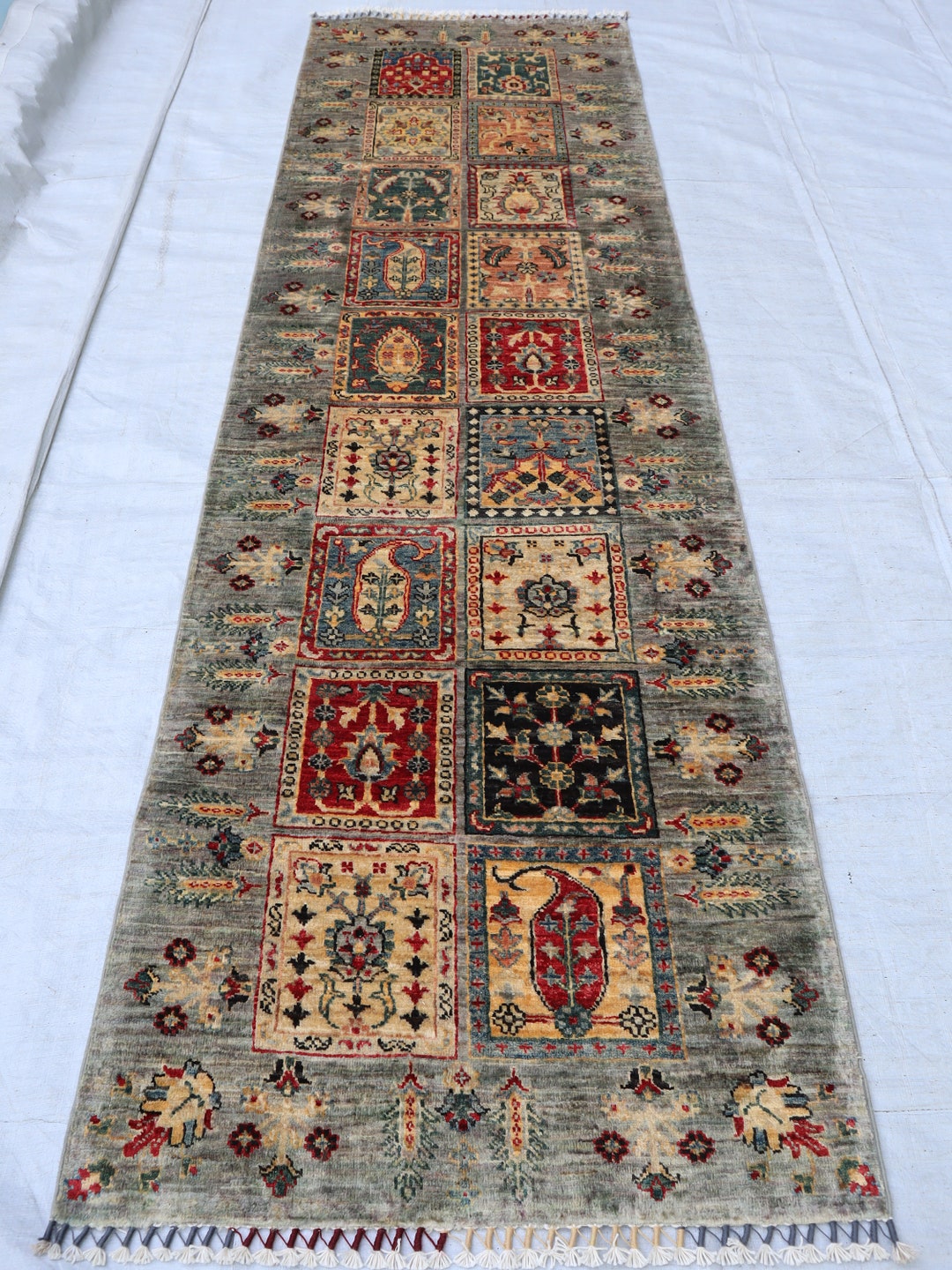 Handmade Afghan Pictorial Flower Runner Rug 2x9, Gray Multicolor Soft ...