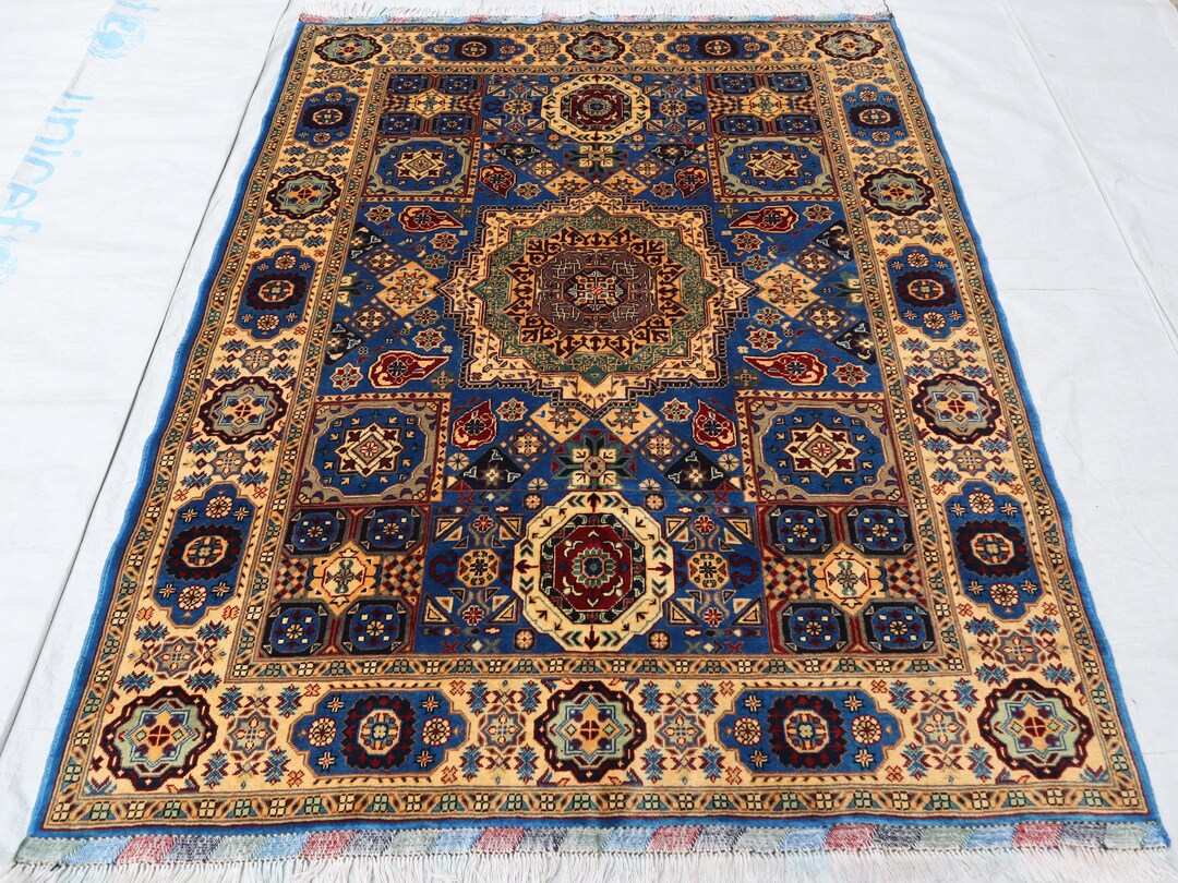 Soft Pile 5x6 Blue Gold Mamluk Rug, Handmade Afghan Medallion Woven ...