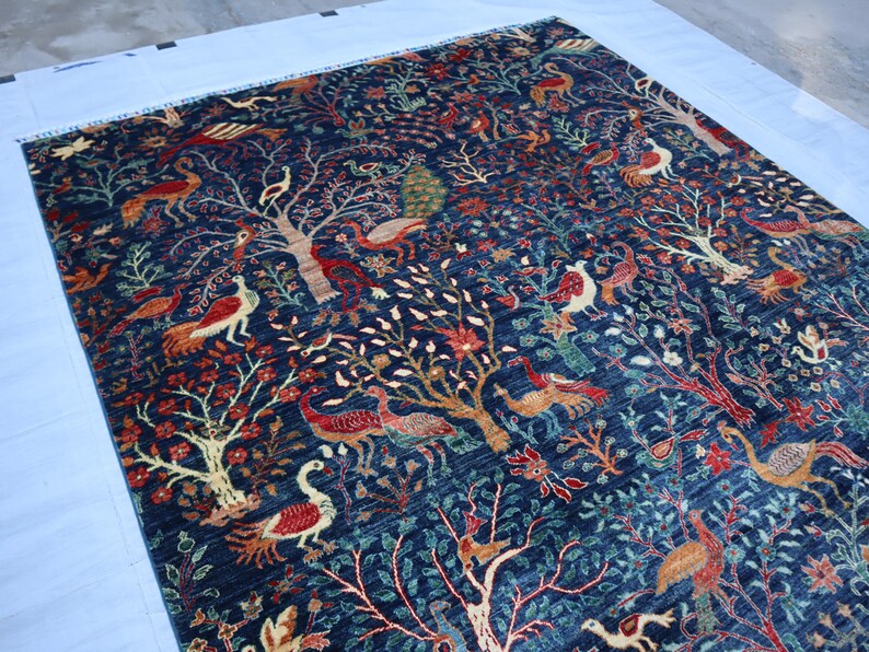 7x12 Navy Blue Tree of Life Rug, Fine Handmade Pictorial Rug, Turkmen ...