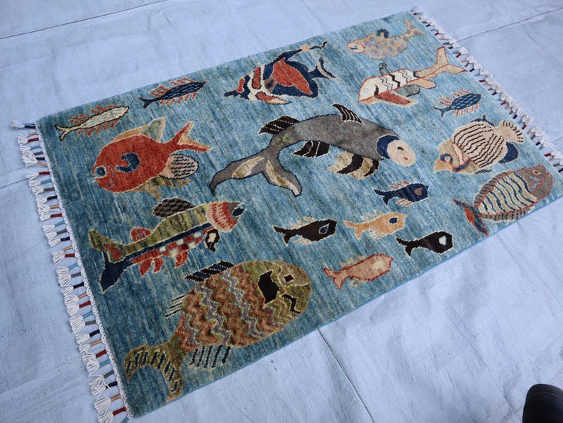 2x4 Ft Blue Fishes Rug, Colorful Premium Hand Knotted Modern Pictorial ...