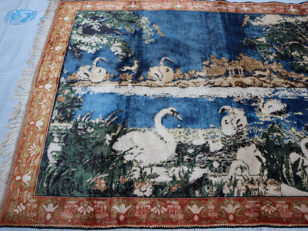 4x6 Afghan Blue Pictorial Silk Rug, Birds Animal Beige Silken Area Rug ...