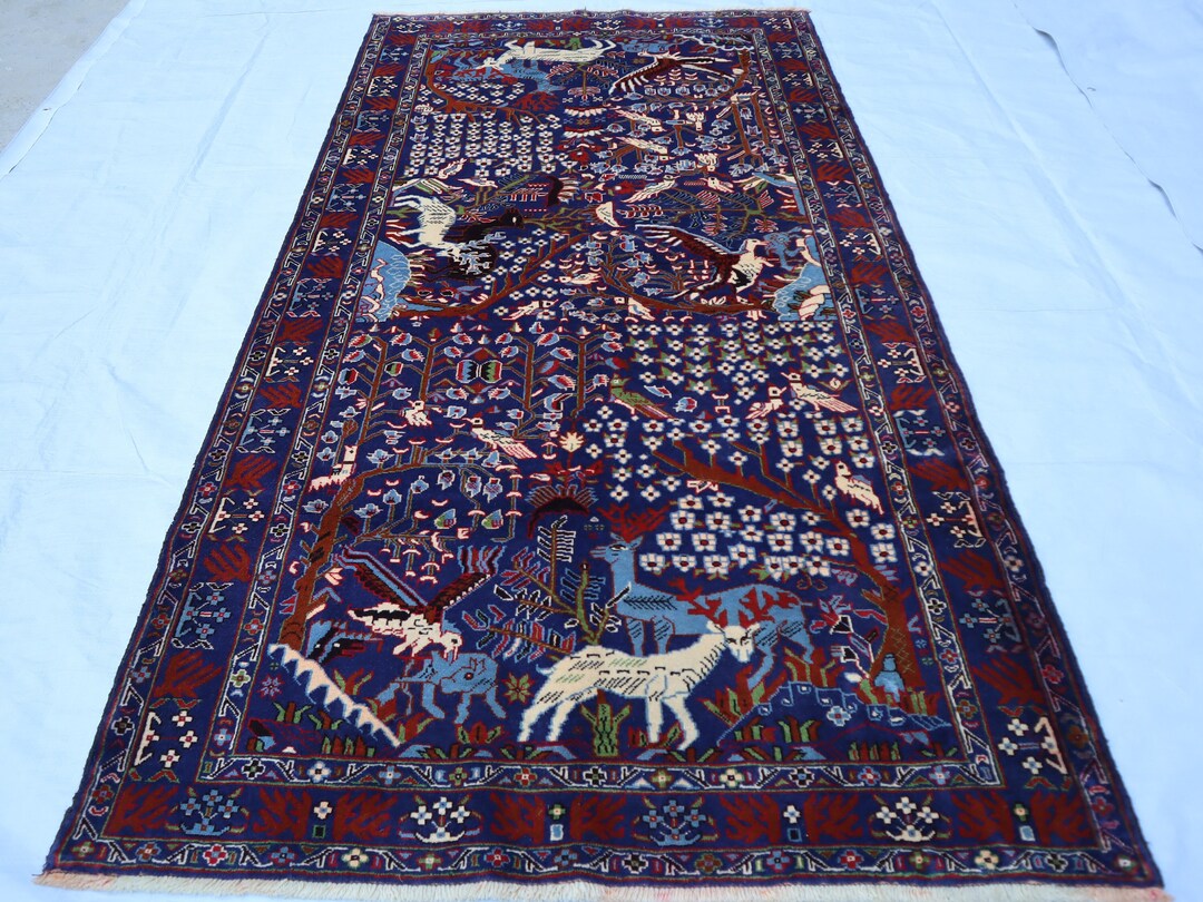 4x8 Afghan Pictorial Rug, Handmade Bird Animal Plants Woven, Soft Pile ...