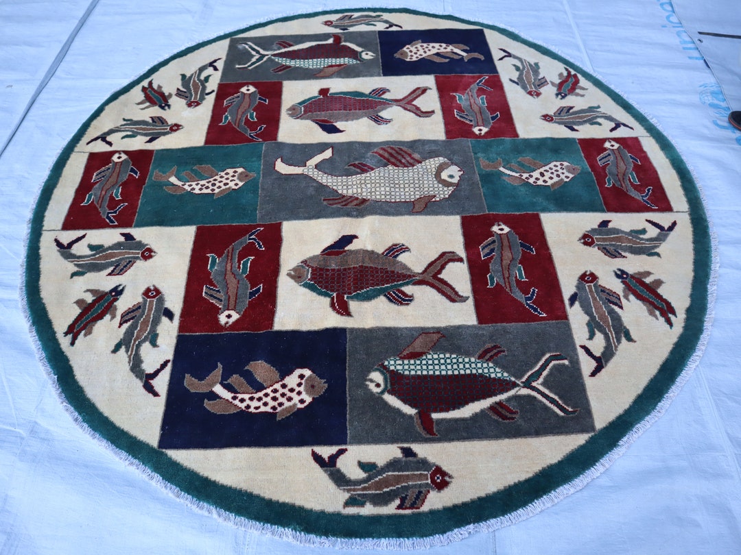 6x6 Ft Pictorial Fish Circle Shape Rug, Beige Moss Blue Round Gabbeh ...
