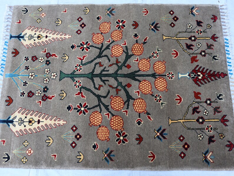 3x4 Gray Tree of Life Rug, Gabbeh Rug, Handmade Wool Rug, Small Afghan ...