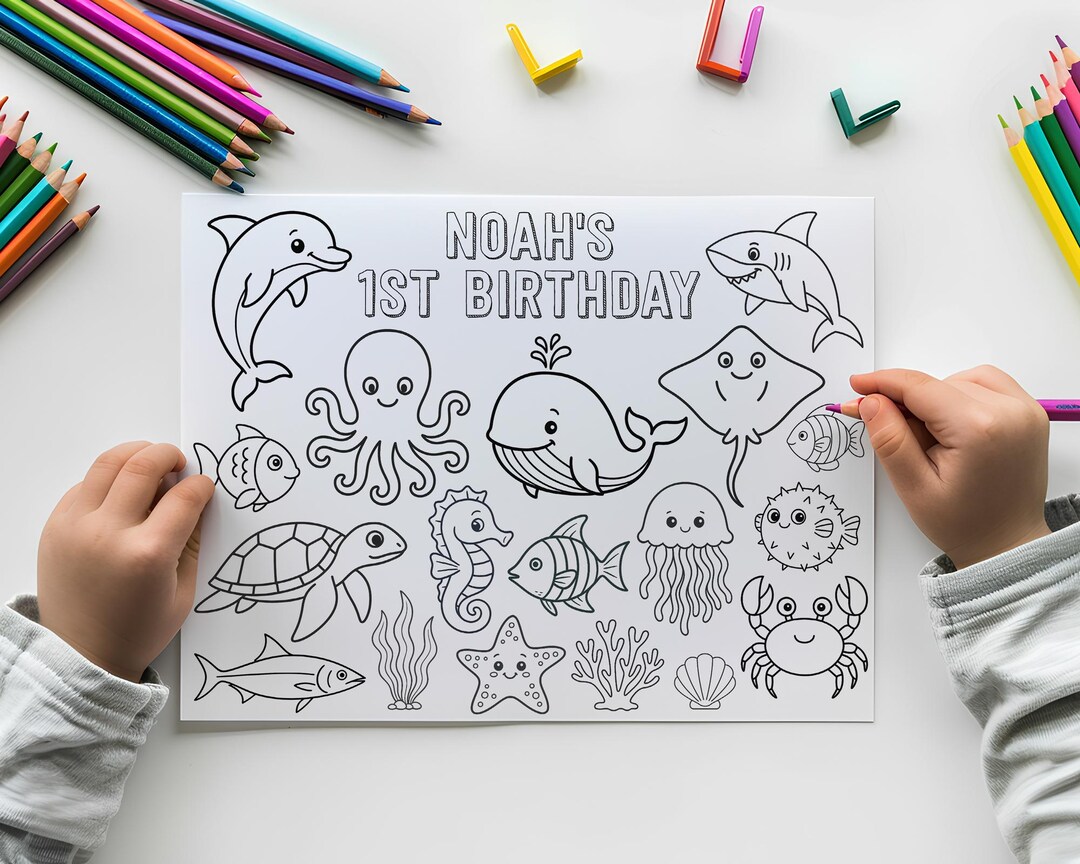 Personalized Sea Animals Birthday Coloring Placemat Printable Sea ...