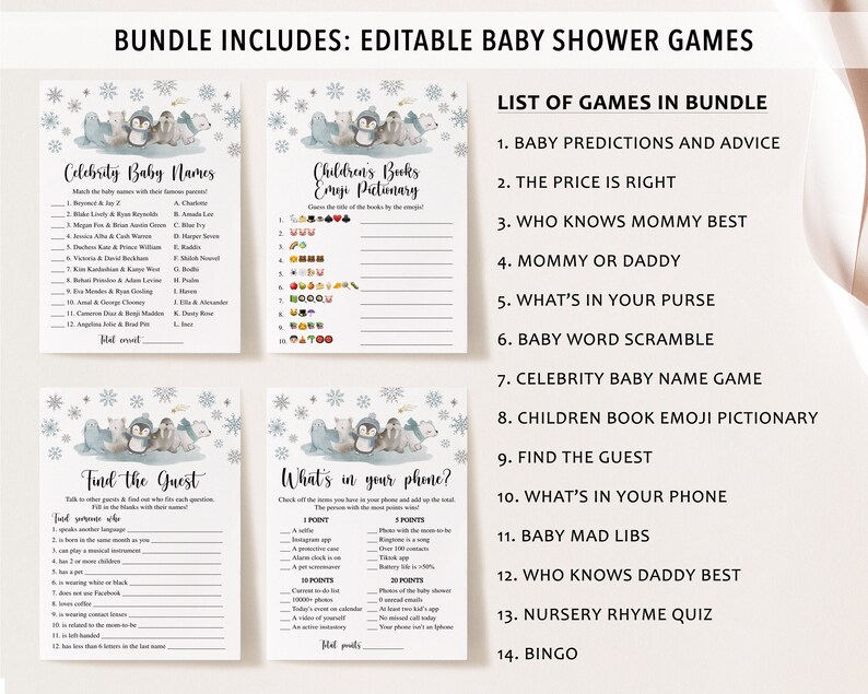 14 Winter Animals Baby Shower Games Penguin Baby Shower Games Snowflake ...