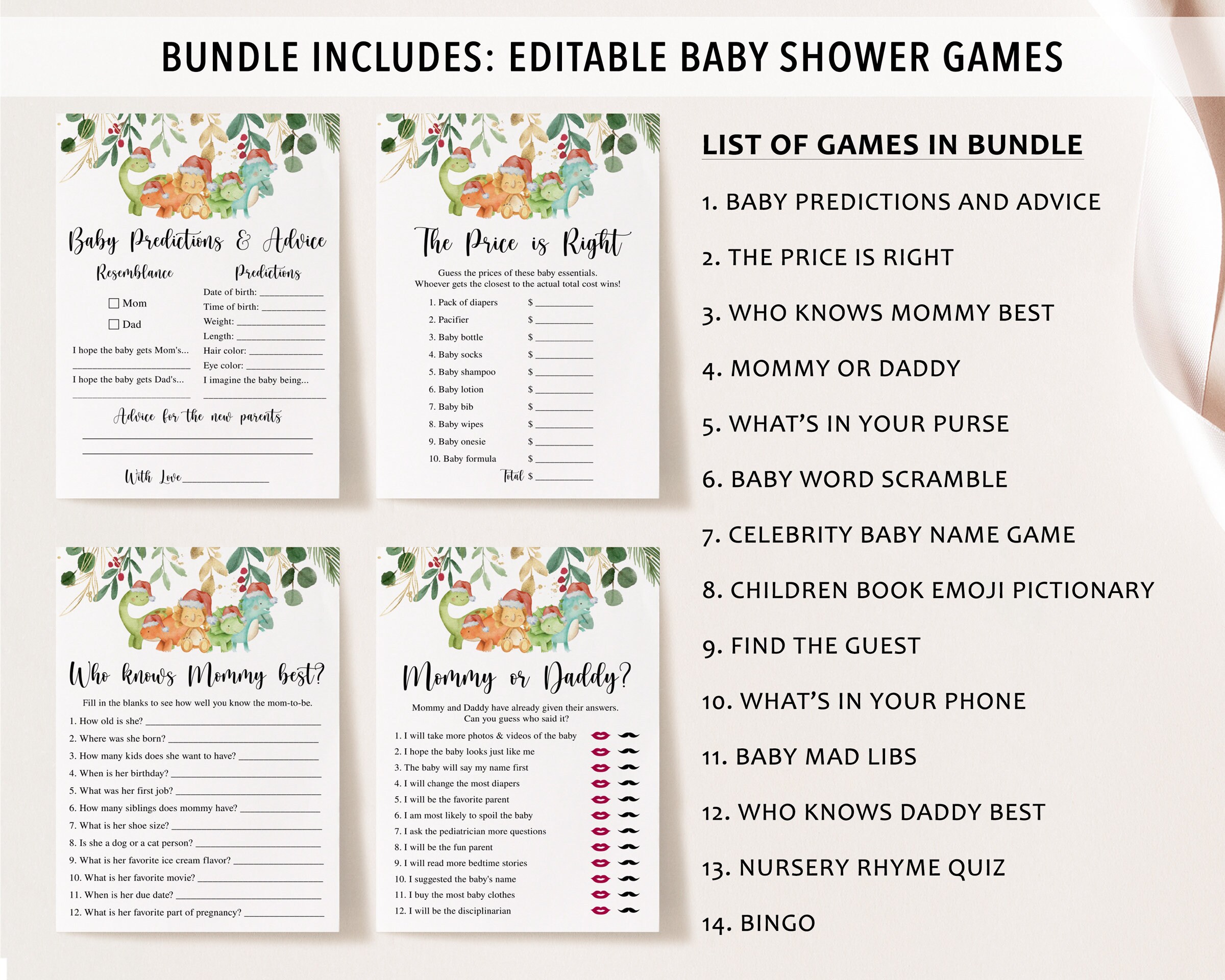 Christmas Dinosaur Baby Shower Bundle Dinosaur Baby Shower Invitation ...