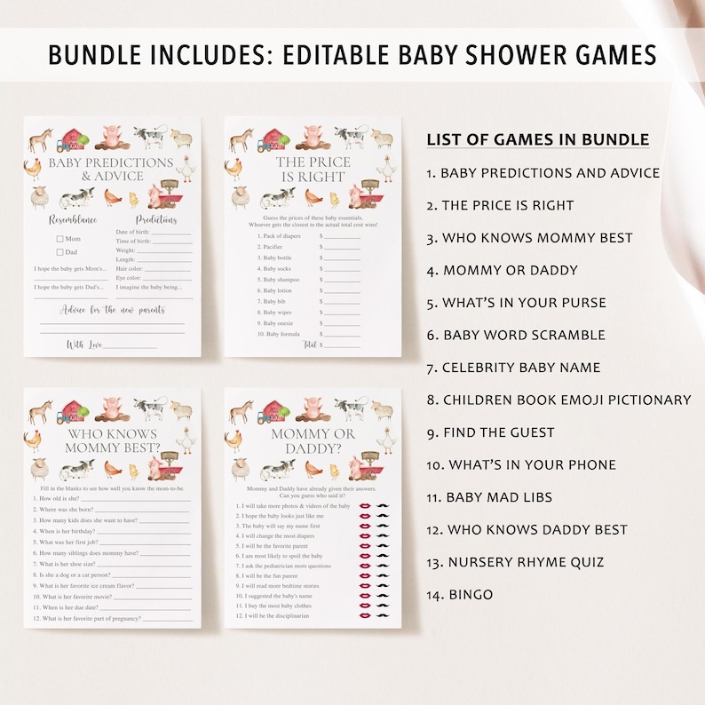 Farm Animals Baby Shower Bundle Farm Baby Shower Barn Baby Shower ...