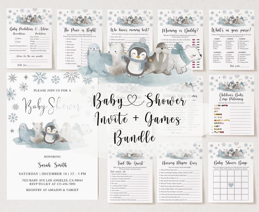 Winter Animals Baby Shower Bundle Penguin Baby Shower Games Snow Baby ...