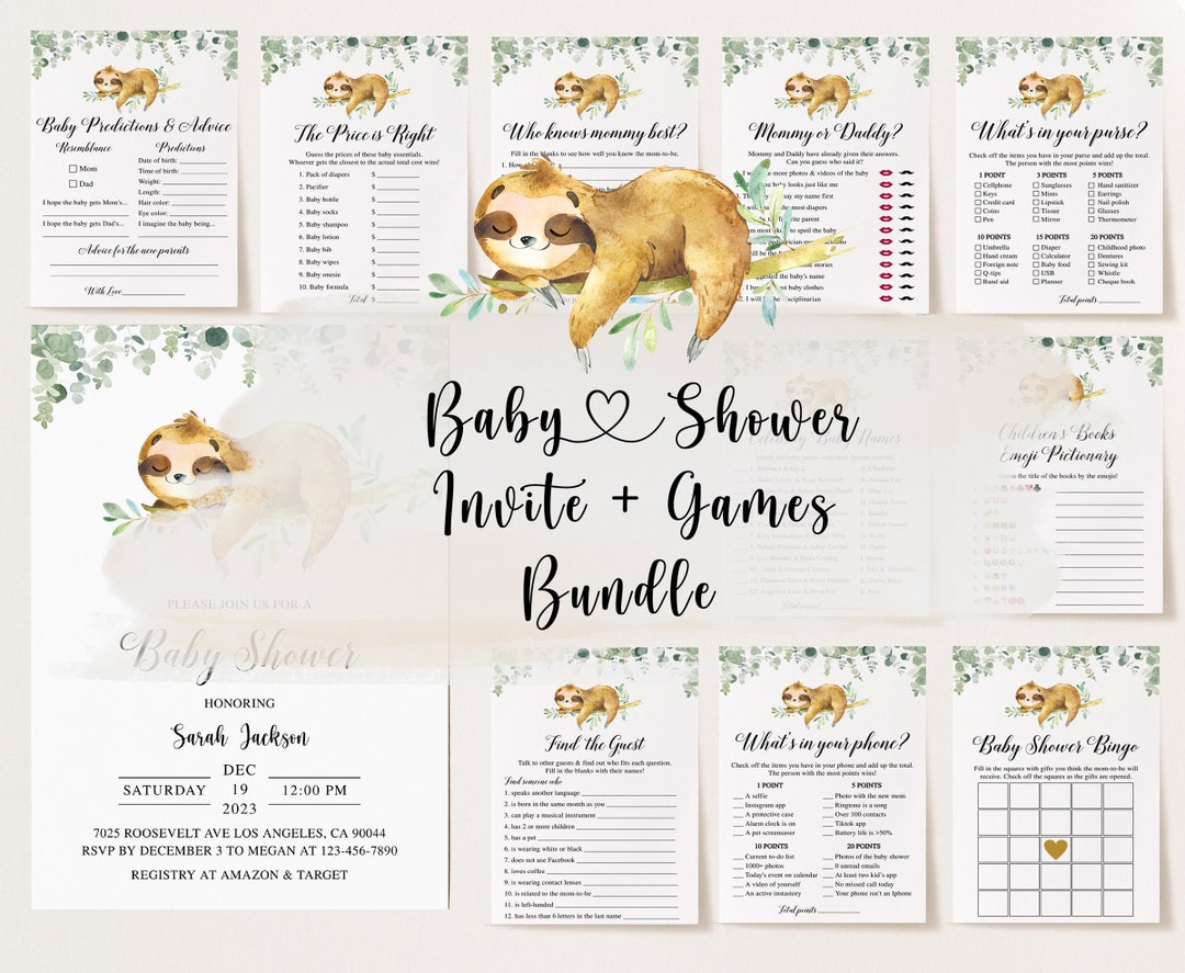 Sloth Baby Shower Bundle, Sloth Baby Shower Invitation, Sloth Baby ...