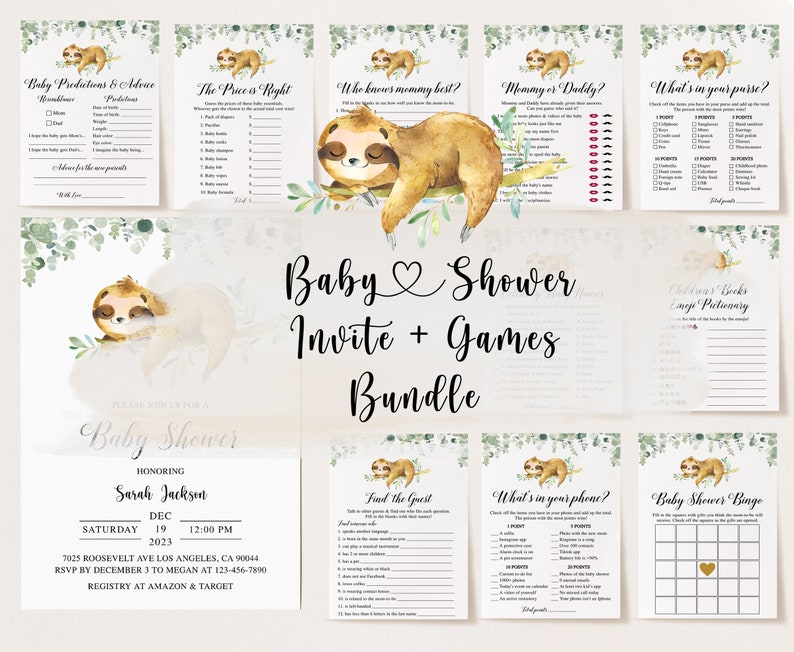 Sloth Baby Shower Bundle, Sloth Baby Shower Invitation, Sloth Baby ...